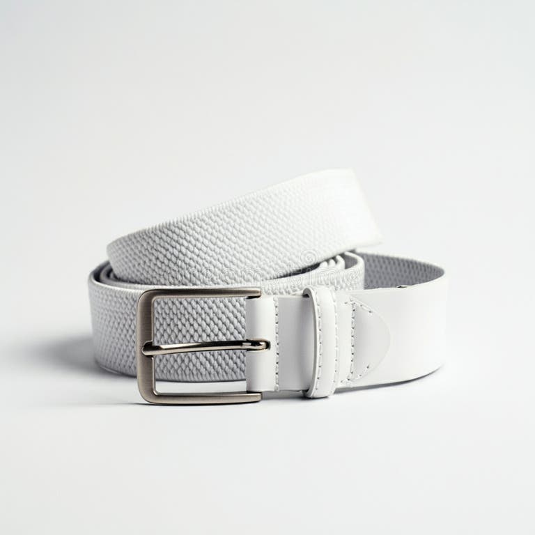 A Coiled White Belt with a Silver Metal Buckle. the Belt Features a ...