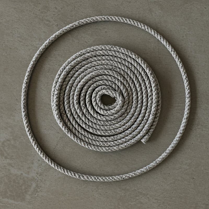 A Coiled White Rope is Arranged in a Circular Pattern on a Smooth, Gray ...