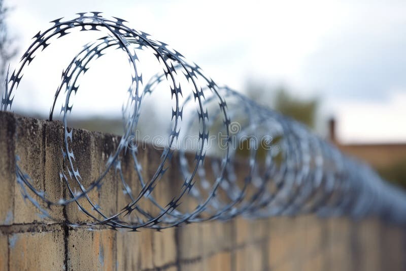 Coils of Sharp Razor Wire Provide Security Atop a Concrete Wall ...