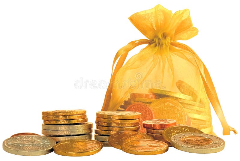 Coin Bag & Stacks of Gold & Silver Chocolate Coins Stock Image - Image ...