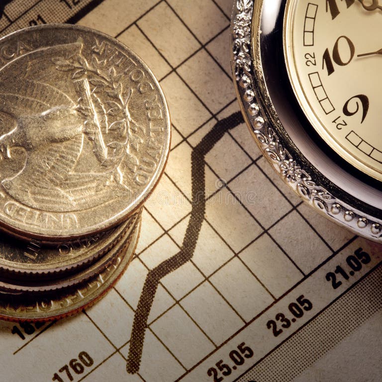 Coin and clock on chart stock photo. Image of business - 48624866