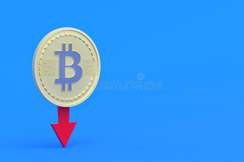 Coin of Cryptocurrency Bitcoin Near Red Arrow Pointing Down on Blue Background Stock ...