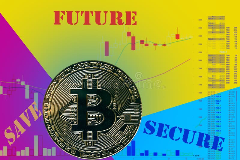 Coin Cryptocurrency BTC on Chart and Yellow Blue Neon Background. Stock ...