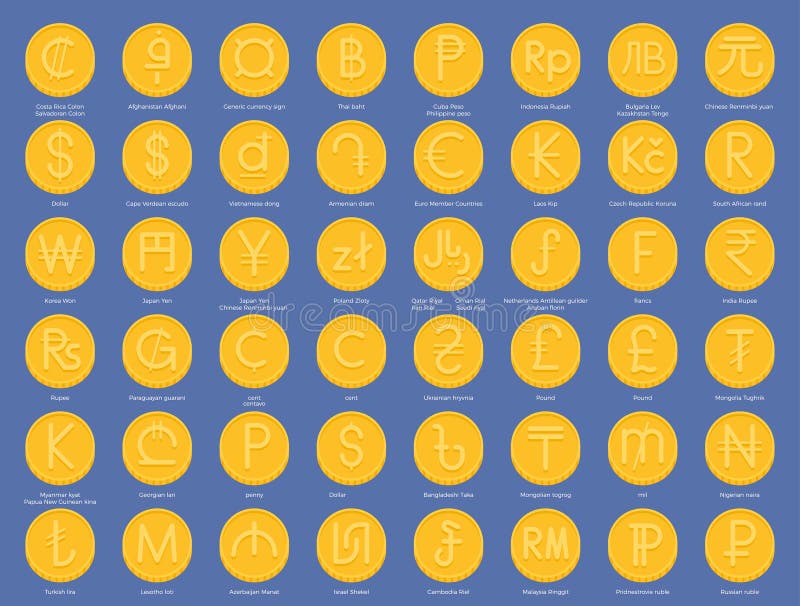 Coin with Currency Symbol and Name Icon Set Stock Vector - Illustration ...