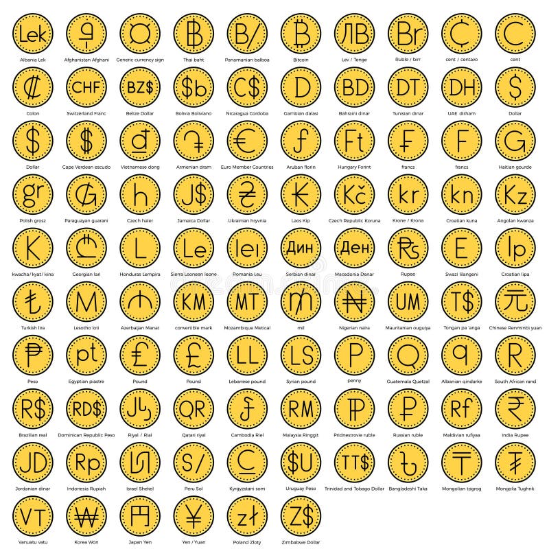 Coin with Currency Symbol and Name Icon Set Stock Vector - Illustration ...