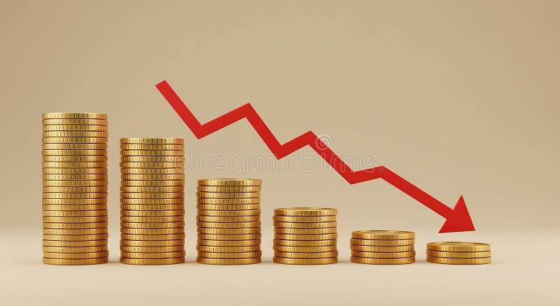 Coin Decrease with Red Arrow Showing Loss Stock Illustration ...