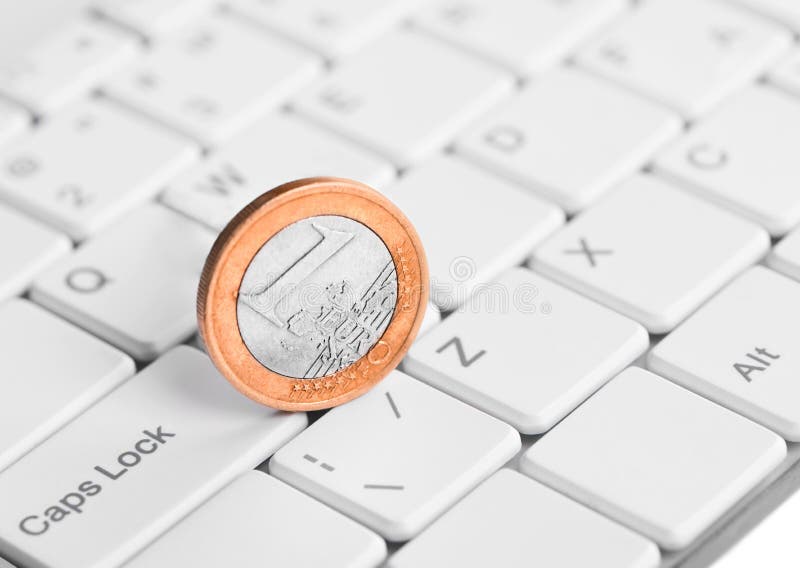 Coin One Euro is on the Keyboard Stock Photo - Image of cash, computer ...