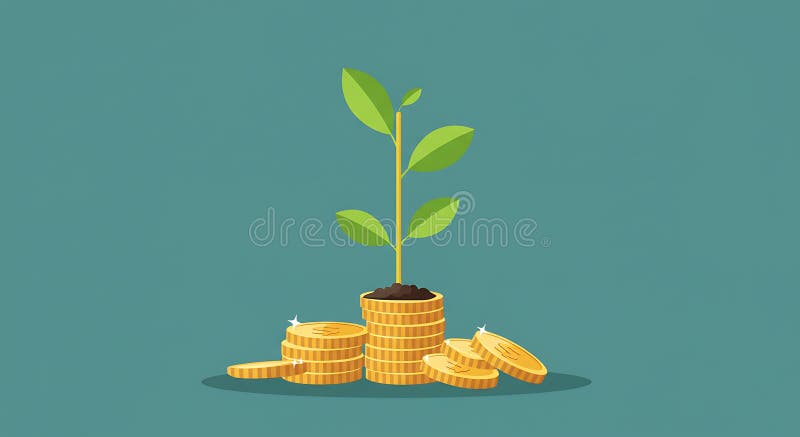 Coin Plant Sprouting from a Stack of Coins Illustration on Muted Teal ...