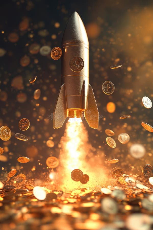 Coin Rocket Flying Up. Selective Focus Stock Photo - Image of start ...