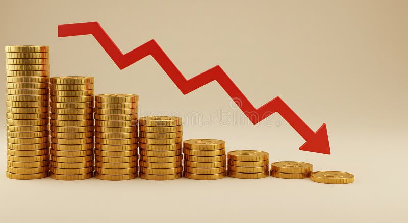 Coin Stack Decreasing with Red Arrow Down Stock Illustration ...