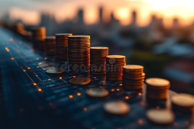 Coin Stack Growth on Tech Background with Cityscape Shows Financial ...