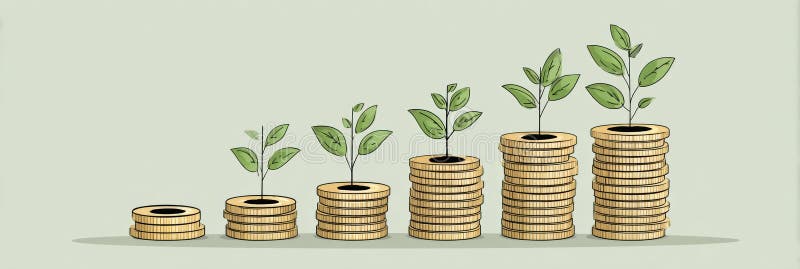 Coin Stack Increases in Height with Sprouting Plants Illustrating ...