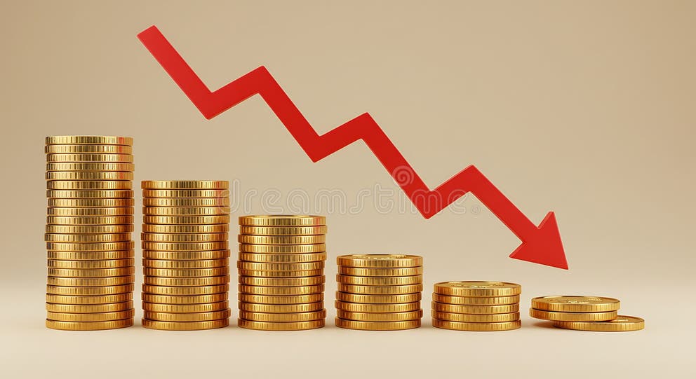Coin Stack with Red Arrow Down Showing Decrease Stock Illustration - Illustration of trading ...
