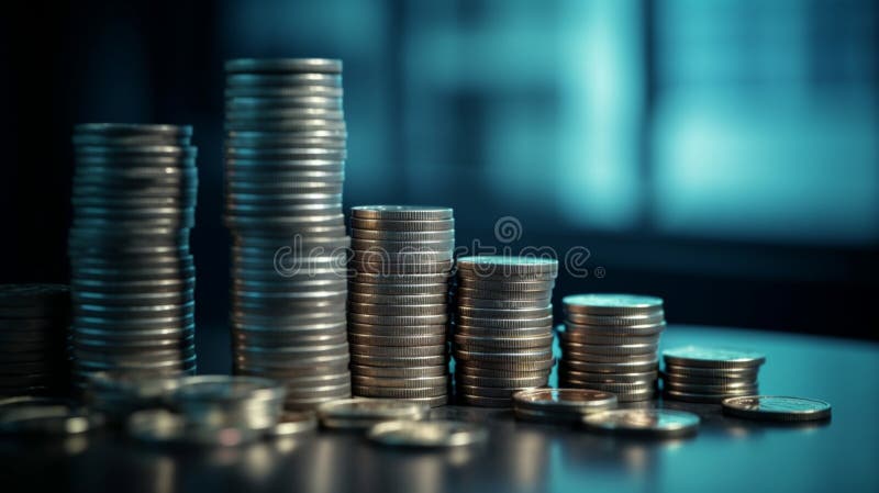 Coin Stacks Sitting on Blue Financial Graph Background Stock ...