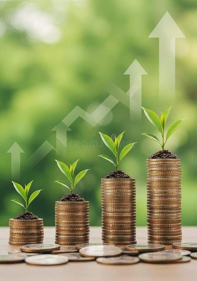 Coin Stacks with Small Plants Growing Upward Against a Blurred Green ...
