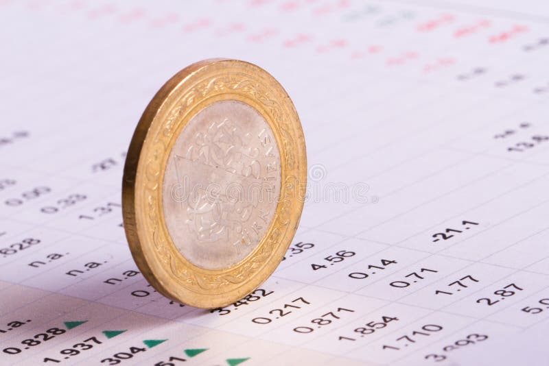 Coin Standing on Financial Data Stock Photo - Image of inflation, cash ...