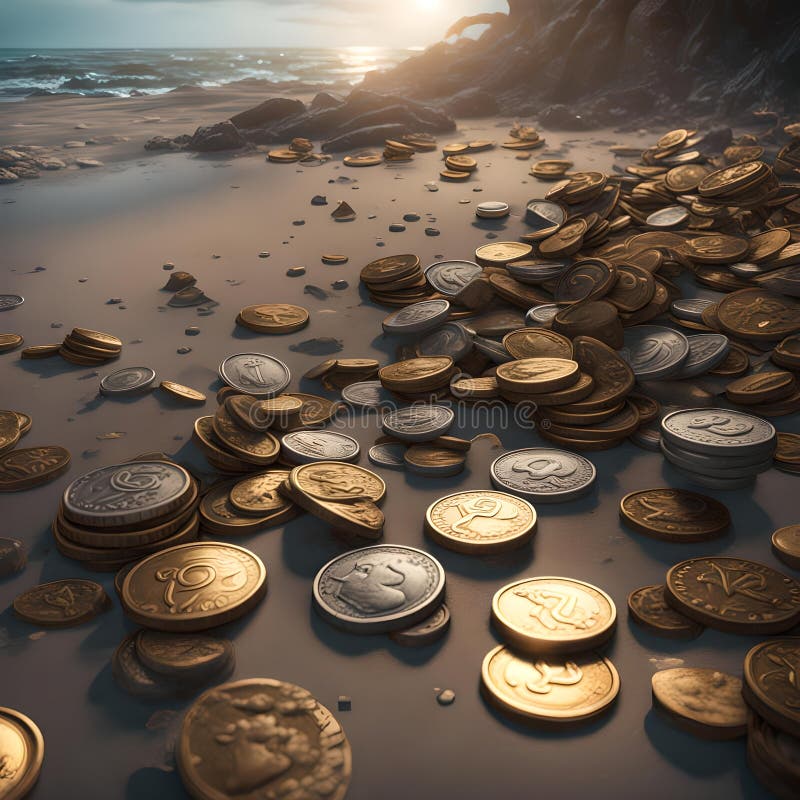 Coins all over the beach stock image. Image of beach - 310263809