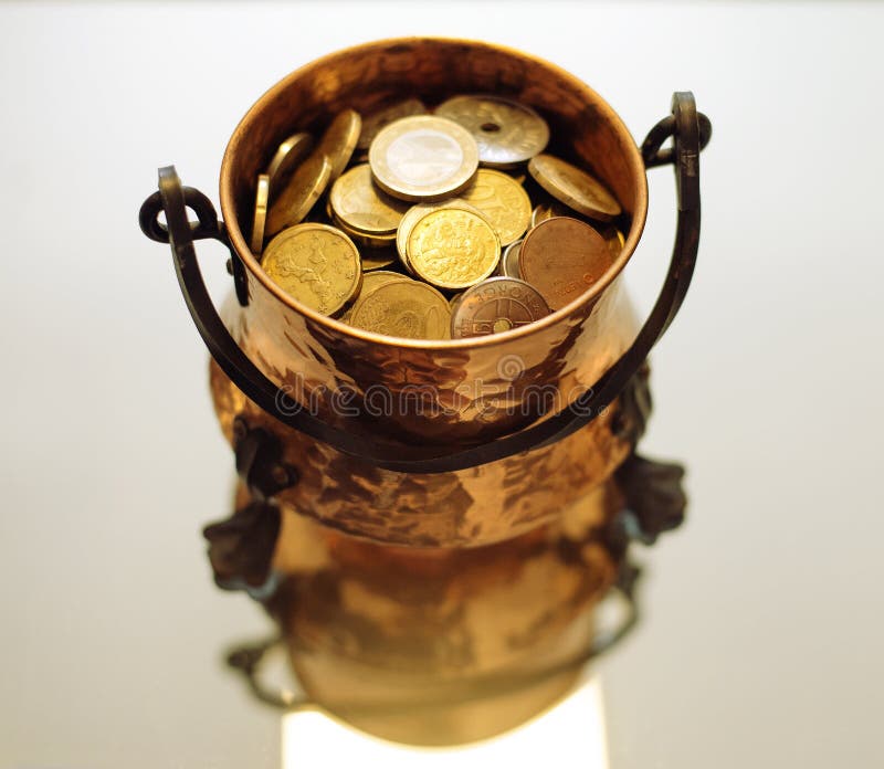 Coins in Antique Metalic Bowl Design Stock Photo - Image of reflection ...