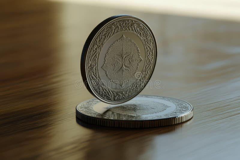 Coins Balance on a Wooden Surface, Reflecting Light and Texture in an ...
