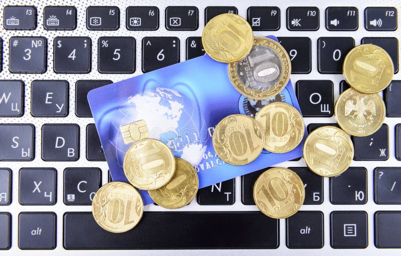 Coins and a Bank Card on the Keyboard Stock Photo - Image of fountain ...