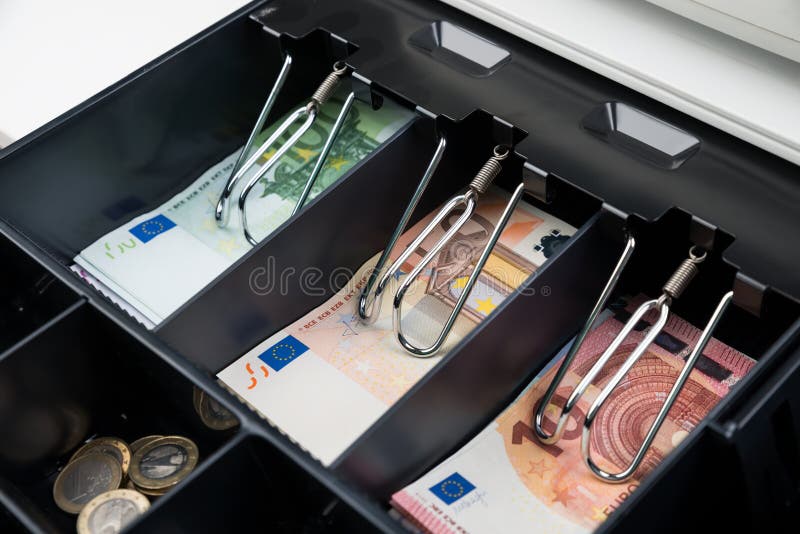 Coins and Banknote in Cash Register Stock Image - Image of financial ...