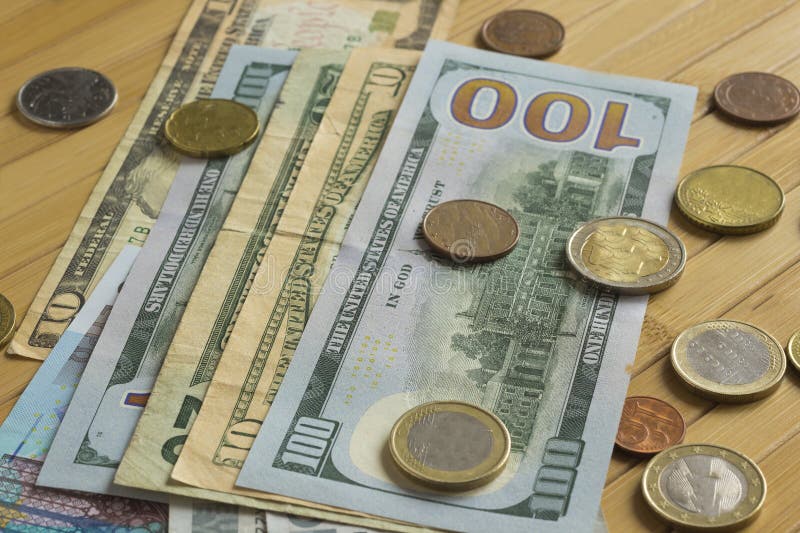 Coins and Banknote on a Table Stock Image - Image of monetary, exchange ...