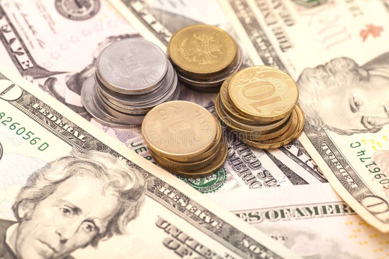 Coins on banknotes stock image. Image of russia, success - 55941835