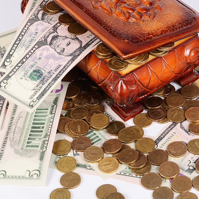 Coins and Banknotes in the Box Stock Image - Image of money, finances ...