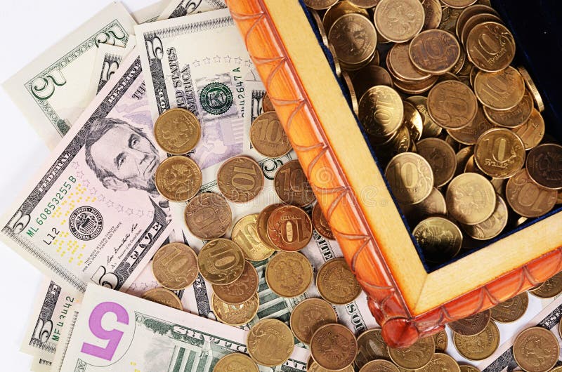 Coins and Banknotes in the Box Stock Image - Image of background, coins ...