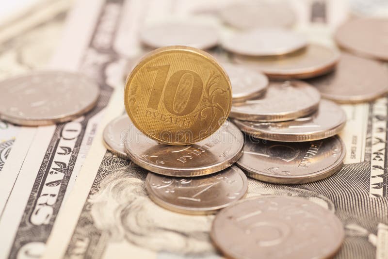 Coins on banknotes stock photo. Image of growth, ruble - 56109920