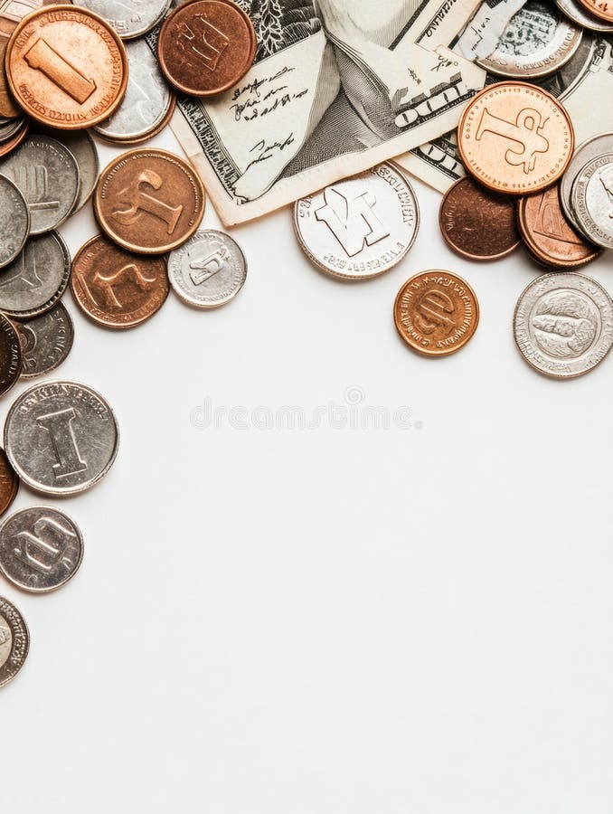 Coins and Banknotes Scattered on a Plain Surface Representing Currency ...