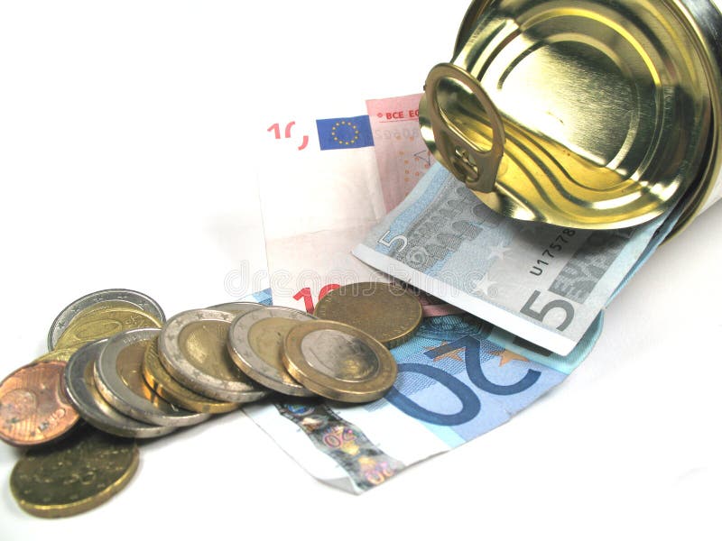 Coins and Banknotes in a Tin Stock Image - Image of finance, abstract ...