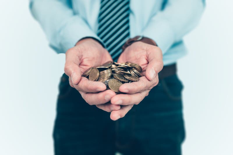 Coins in Businessman Hands. Saving Money Concept Stock Photo - Image of ...
