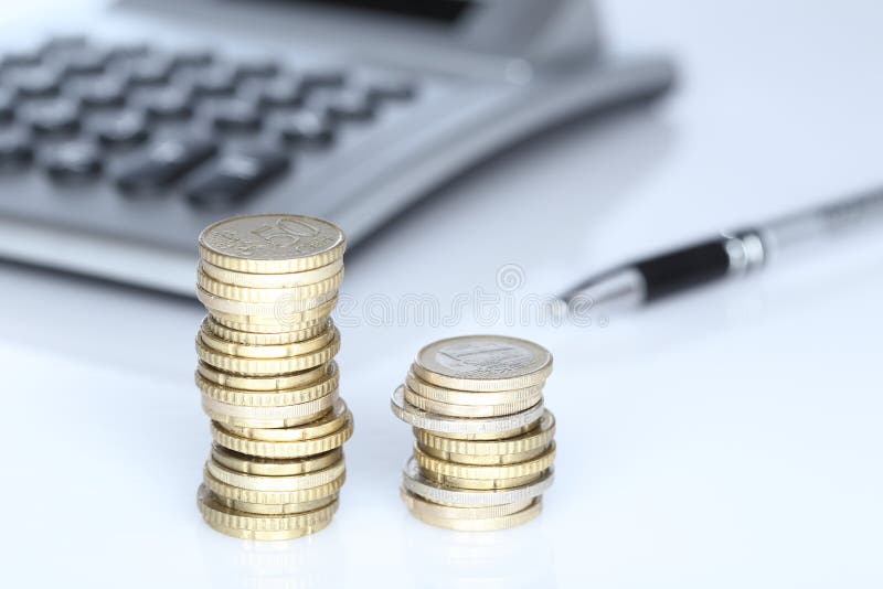 Coins with Calculator and Pen Stock Photo - Image of credit, profit ...
