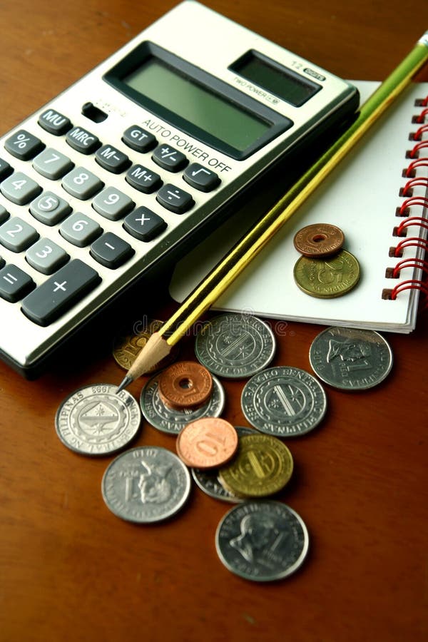 Coins, Calculator, Pencil and Notebook Stock Photo - Image of coins ...
