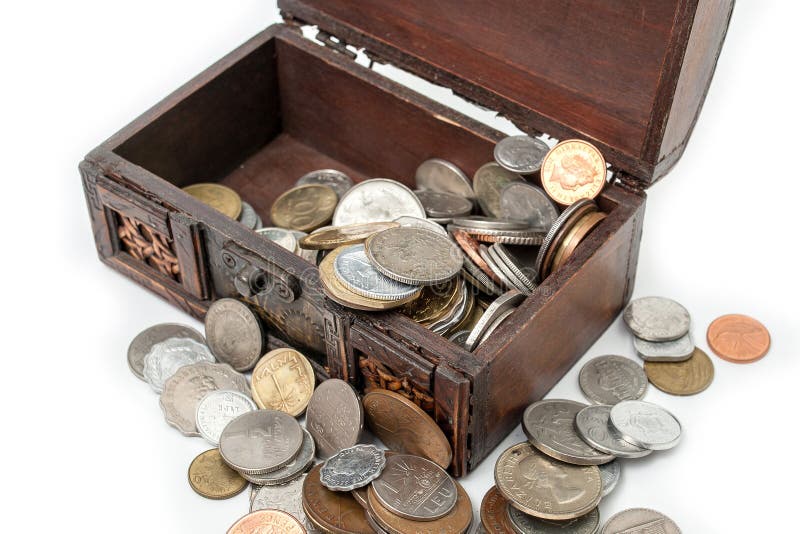 Coins in old retro box stock photo. Image of economy - 177857624