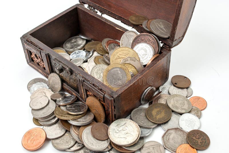 Coins in old retro box stock photo. Image of economy - 177857624