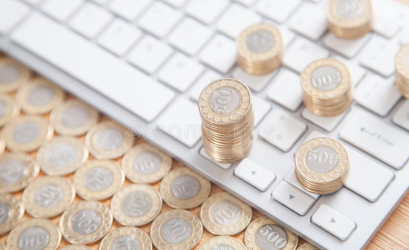 Coins on the Computer Keyboard Stock Image - Image of keyboard, online ...