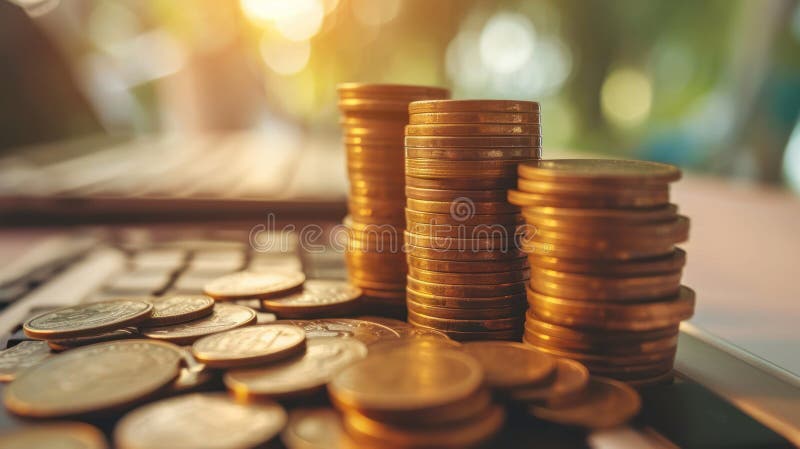 Coins on Computer Keyboard stock photo. Image of stack - 308978628