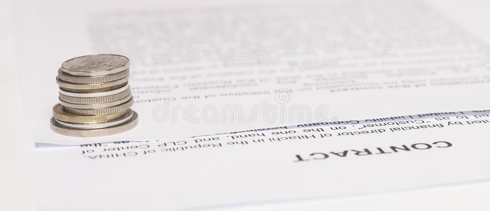 Coins on Contract Document Close Up, Banner Stock Photo - Image of ...