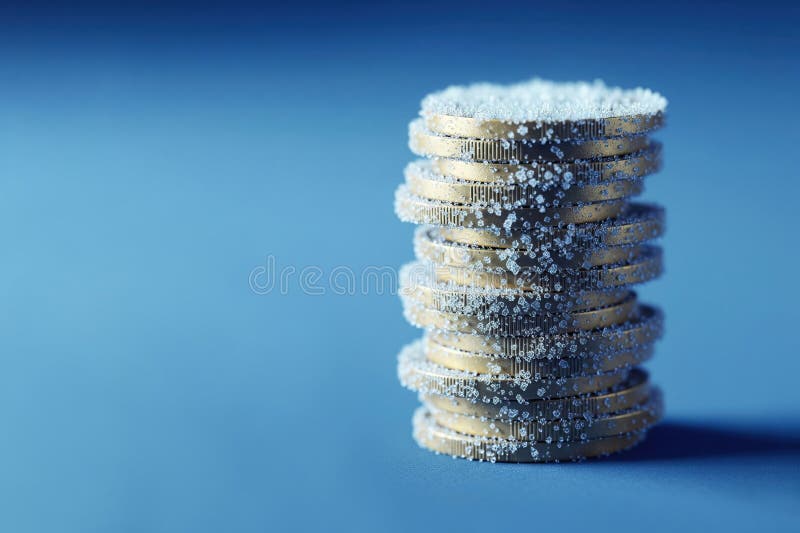 The Coins are Covered with Frost, Forming a Cold Stack on a Blue ...