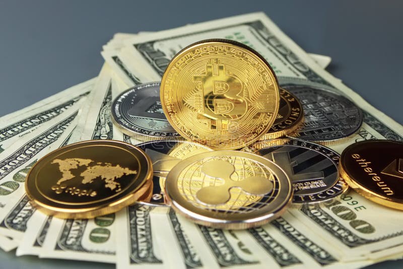 Coins of Different Crypto-currencies with Dollars. Editorial Image ...