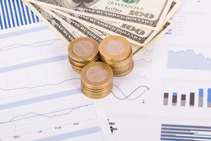 Coins and Dollar Banknotes on Bar Chart Graphics Stock Photo - Image of ...