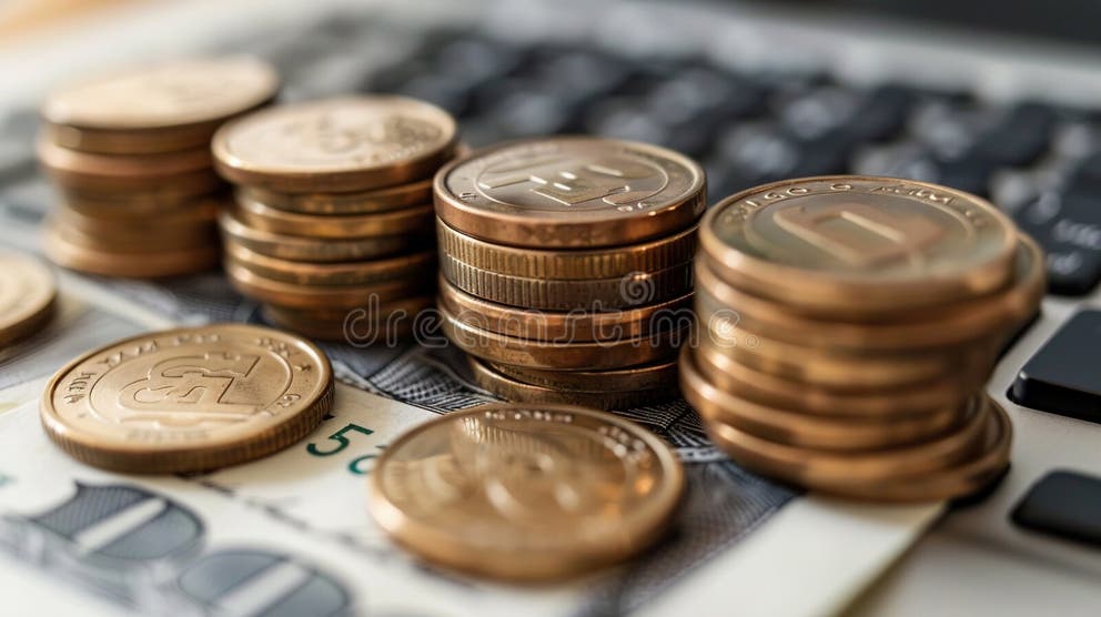 Coins on a Dollar Bill and Keyboard Stock Illustration - Illustration ...