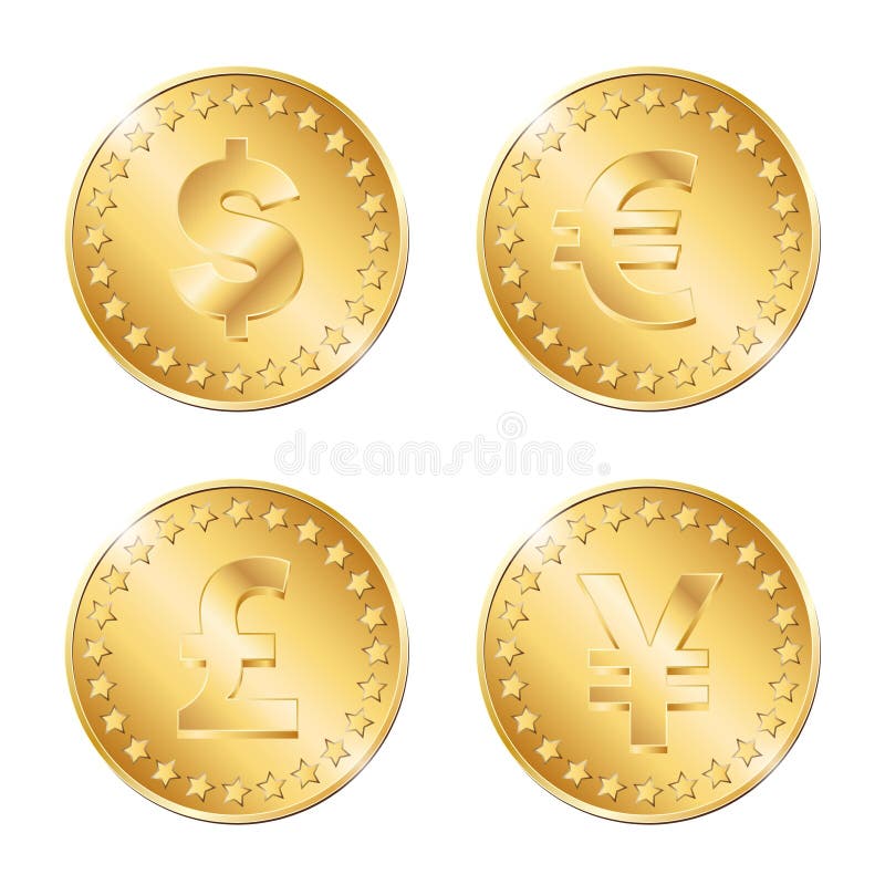 Coins with Dollar, Euro, Pound and Yen Signs Stock Illustration ...