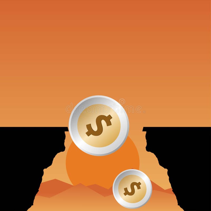Coins with Dollar Symbol Falling from a Cliff at Sunset Stock Vector ...