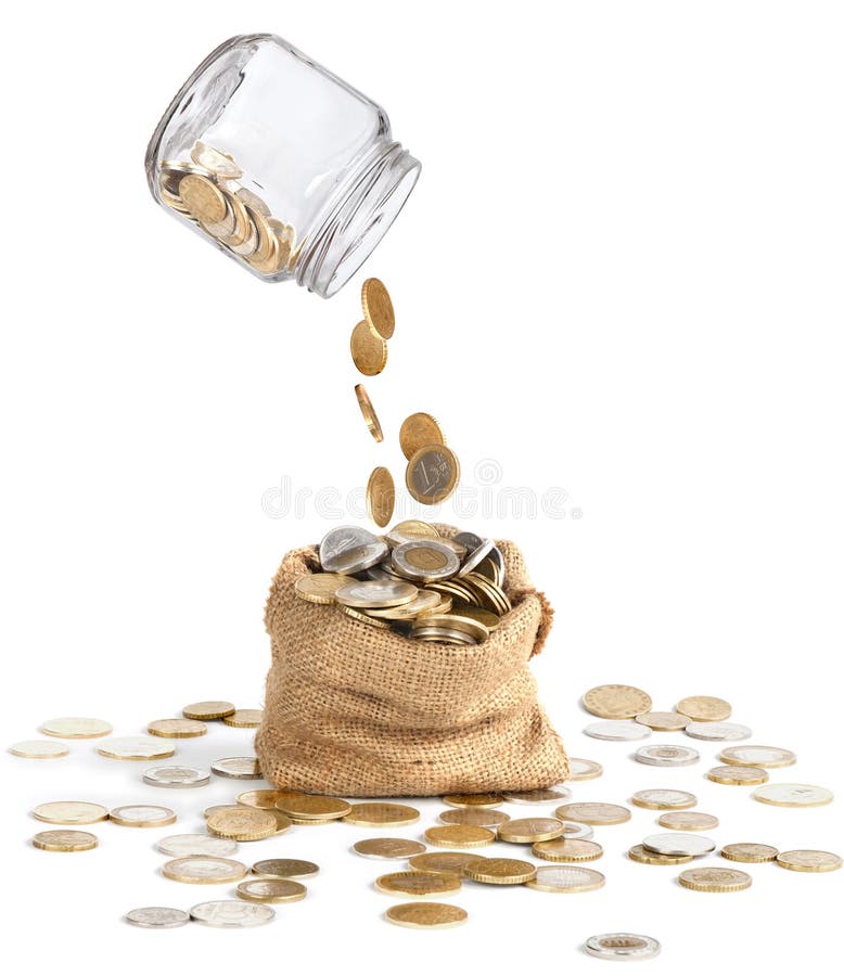 Coins Drop from the Glass Jar into the Bag Stock Image - Image of ...