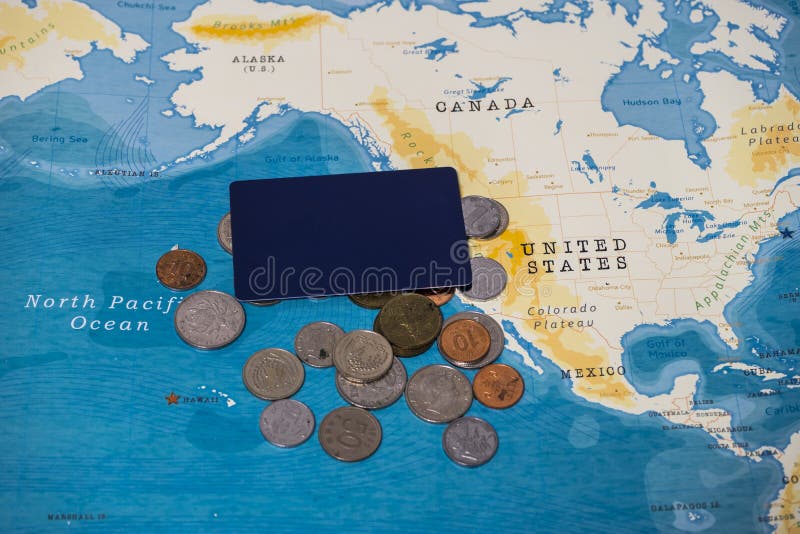 Coins of Each Country and Credit Card, Debit Card on the World Map ...