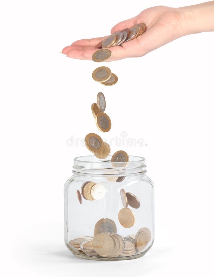 Coins Falling into the Glass Jar from Hand Stock Photo - Image of bill ...