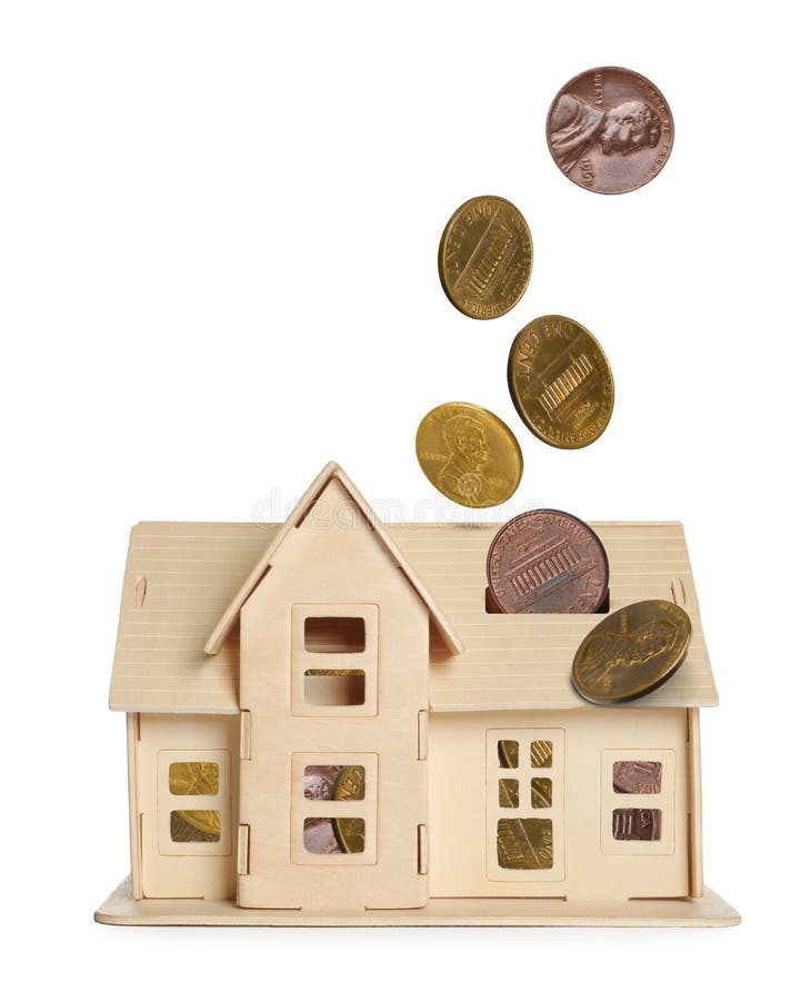 Coins Falling into House Shaped Money Box on White Background Stock ...